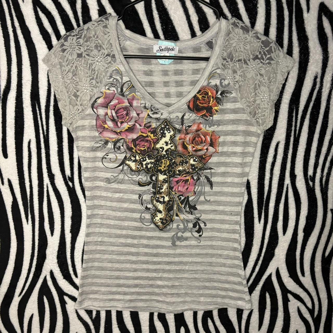 Southpole y2k cross rhinestone top with lace sleeves... - Depop