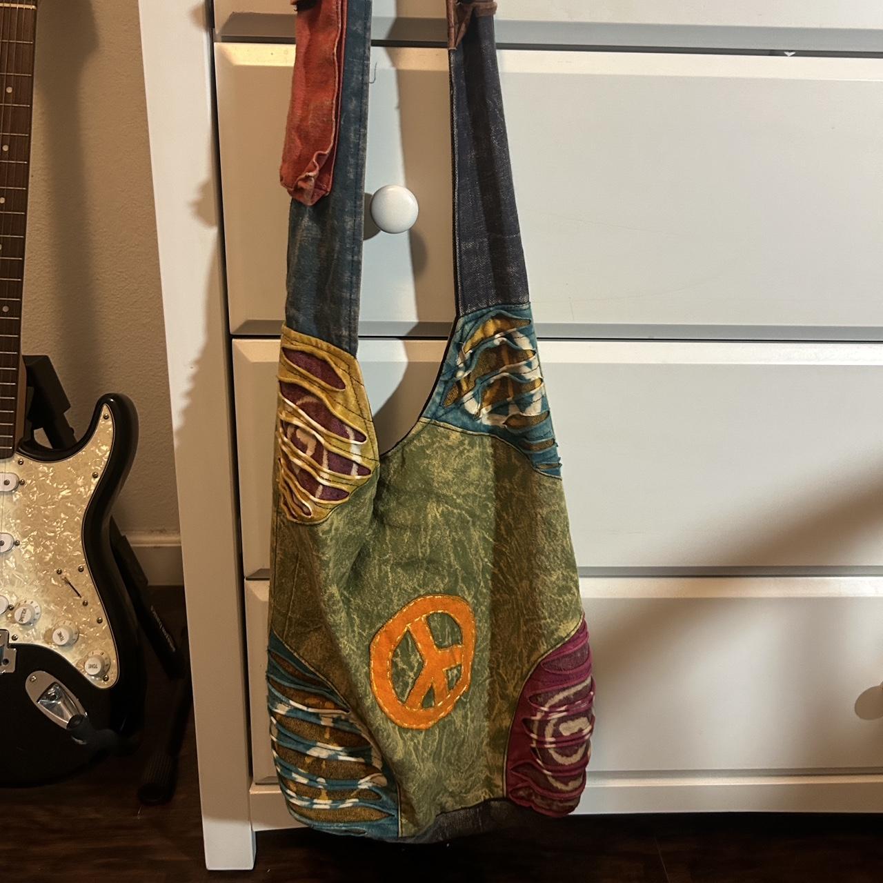 unique patchwork peace sign tote bag... - Depop