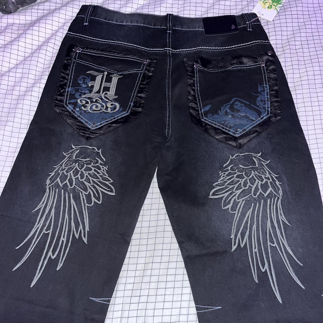 Dark wash Cyber y2k punk trashy baggy embroidered... - Depop
