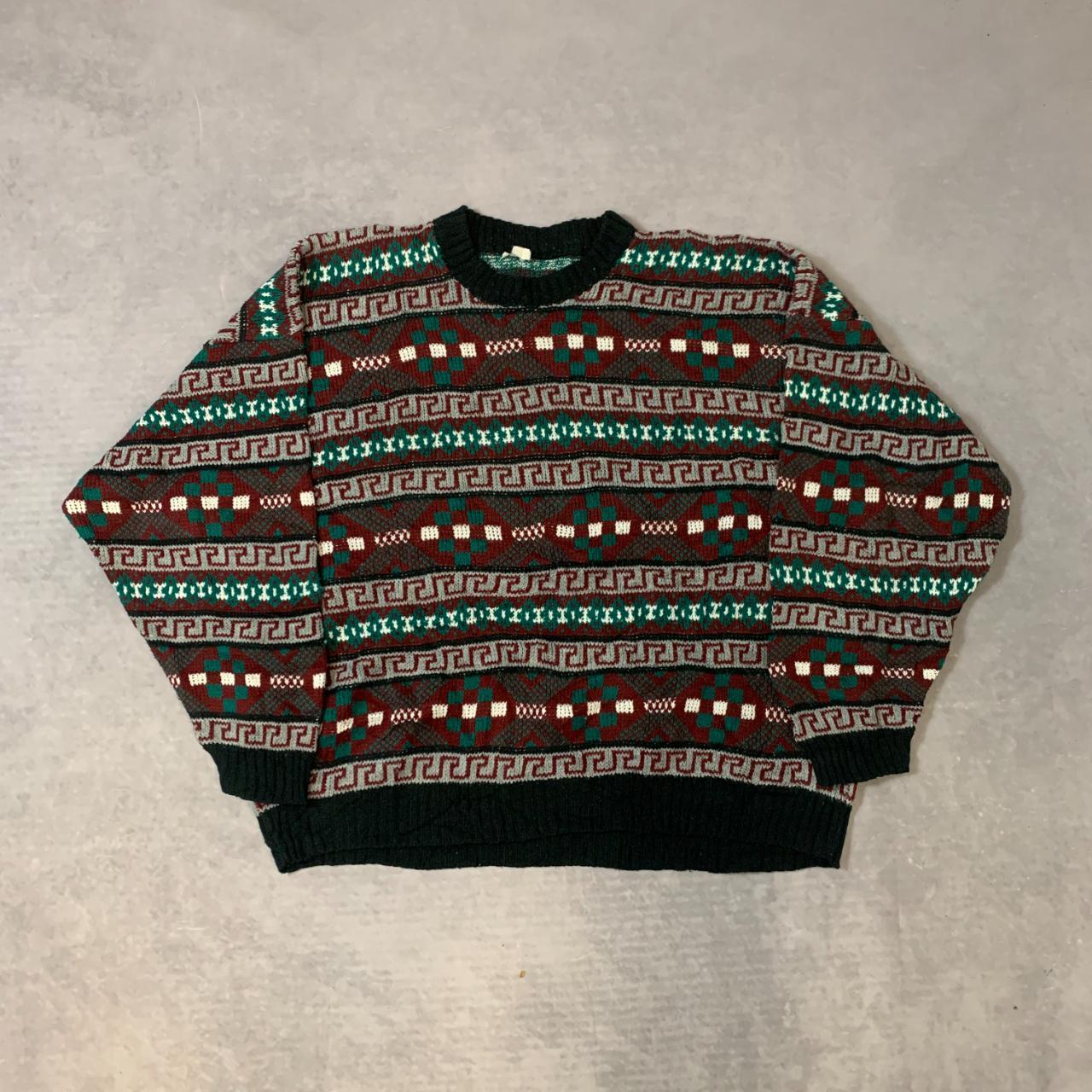 Vintage abstract knitted jumper Patterned Grandad... - Depop