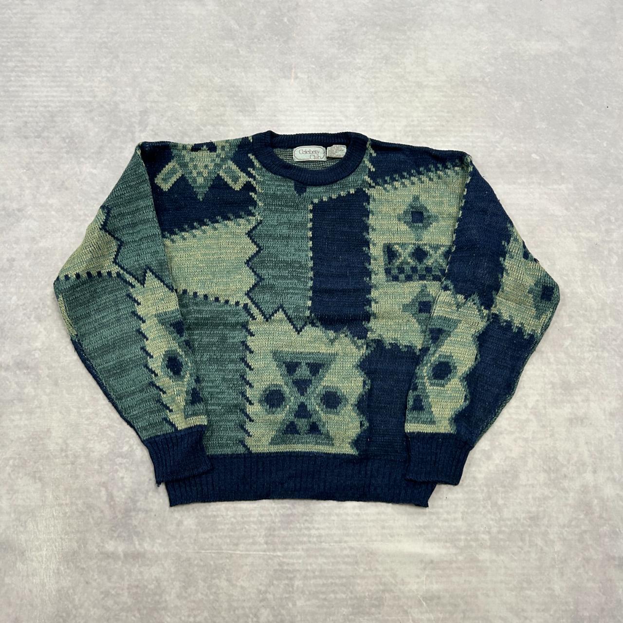 Vintage abstract knitted jumper Patterned Grandad... - Depop