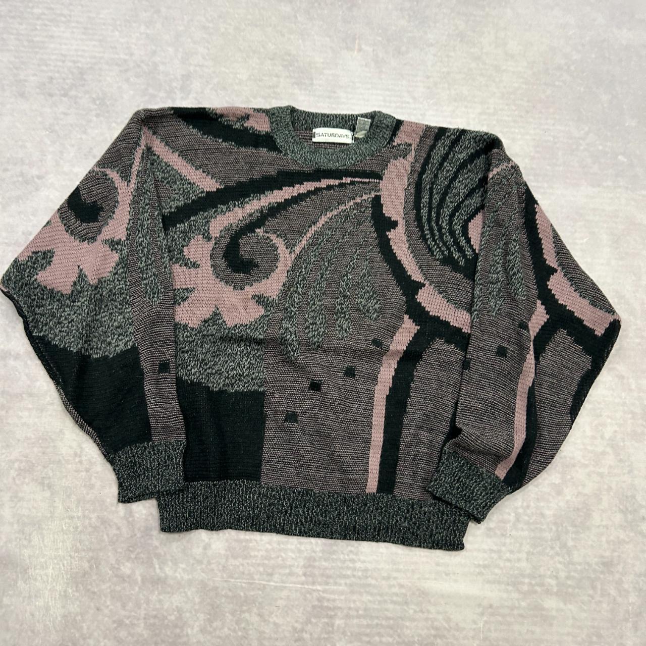 Vintage abstract knitted jumper Patterned Grandad... - Depop