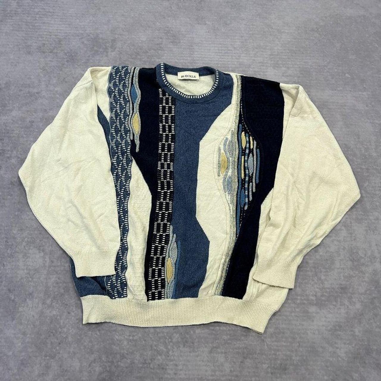 Vintage Knitted Jumper Abstract 3D Patterned Grandad... - Depop