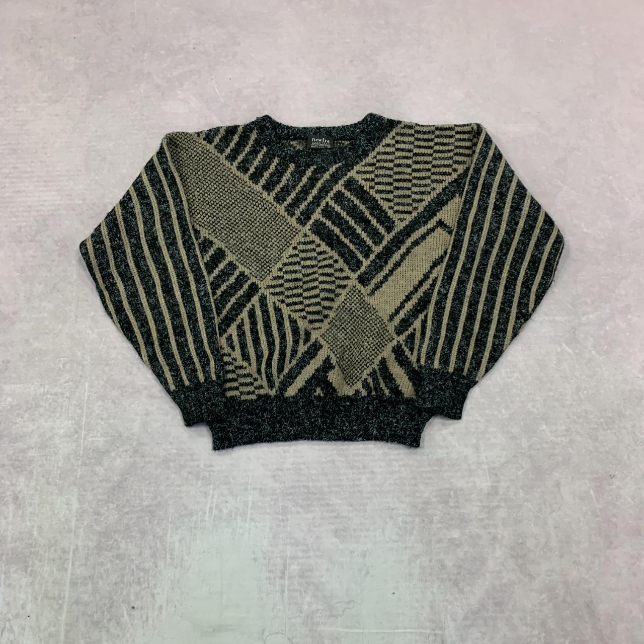 Vintage abstract knitted jumper Patterned Grandad... - Depop