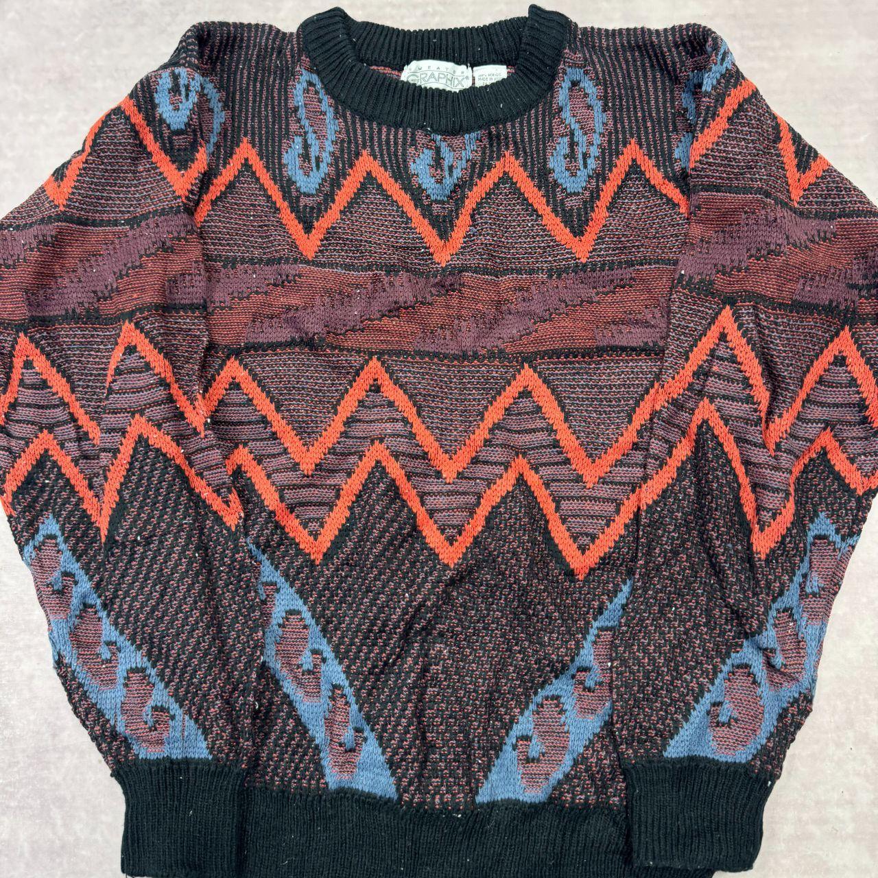 Vintage abstract knitted jumper Patterned Grandad... | Depop