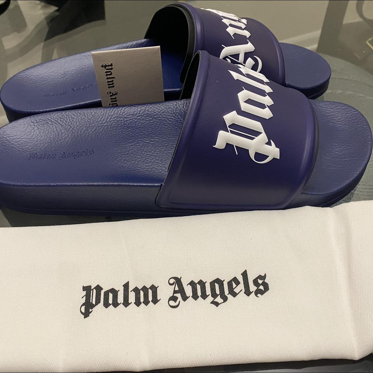 BRAND NEW NEVER WORN PALM ANGEL SLIDES IN BLUE AND... - Depop
