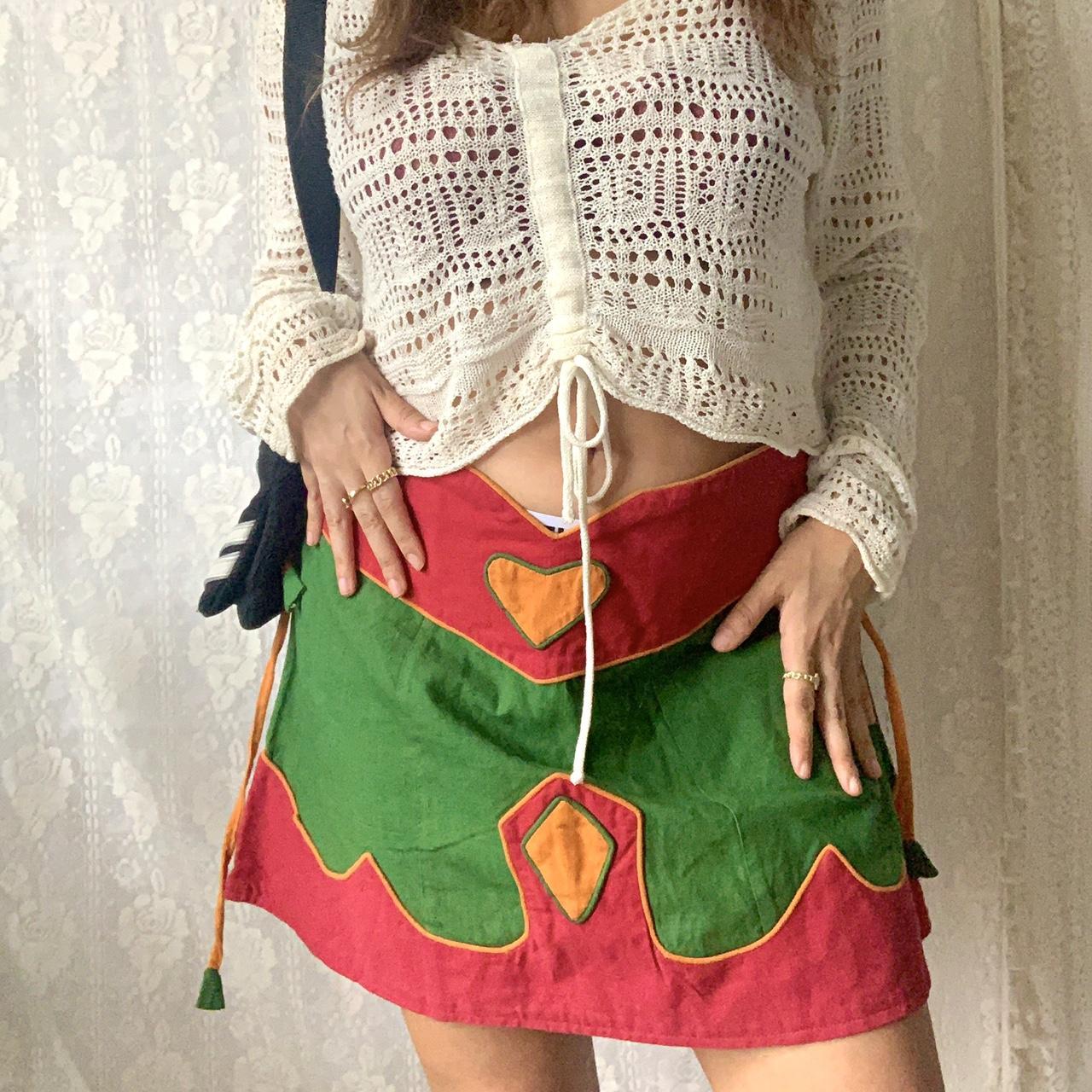 Y2k bohemian mini skirt in green and red. Lace up... - Depop