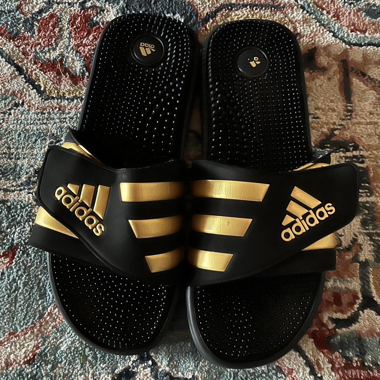 Adidas Men's Black and Gold Slides | Depop