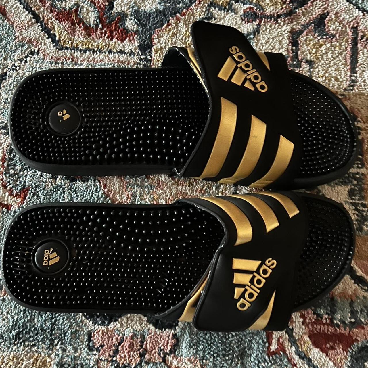 Adidas Men's Black and Gold Slides | Depop