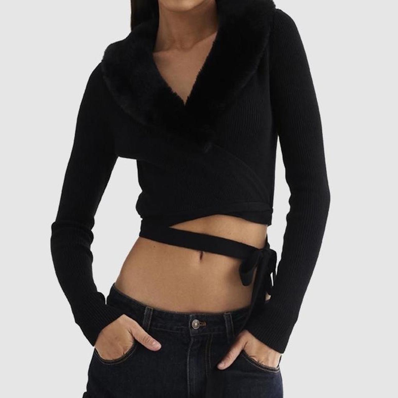 Lioness Off Duty Wrap top. faux fur collar long... - Depop