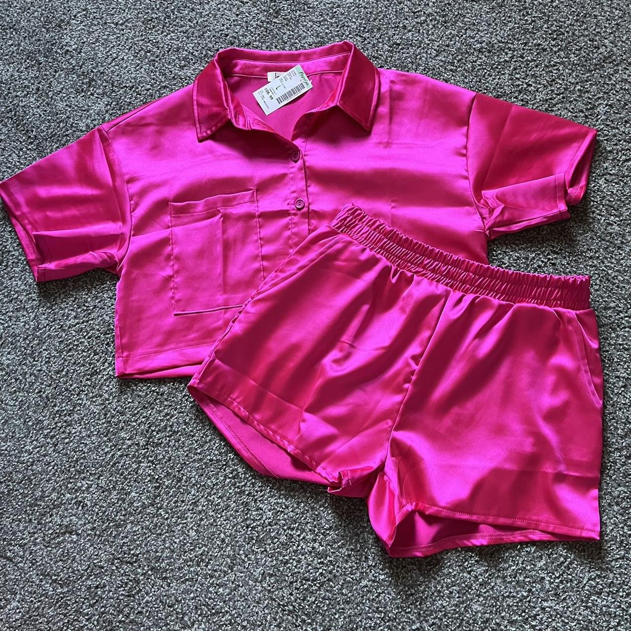 Papaya hot pink satin sleepwear set Size large but... - Depop