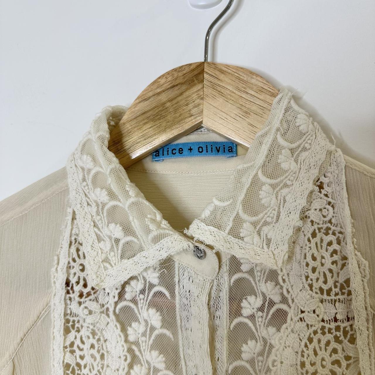 Alice + Olive Silk Cream Lattice Button Up Shirt... - Depop