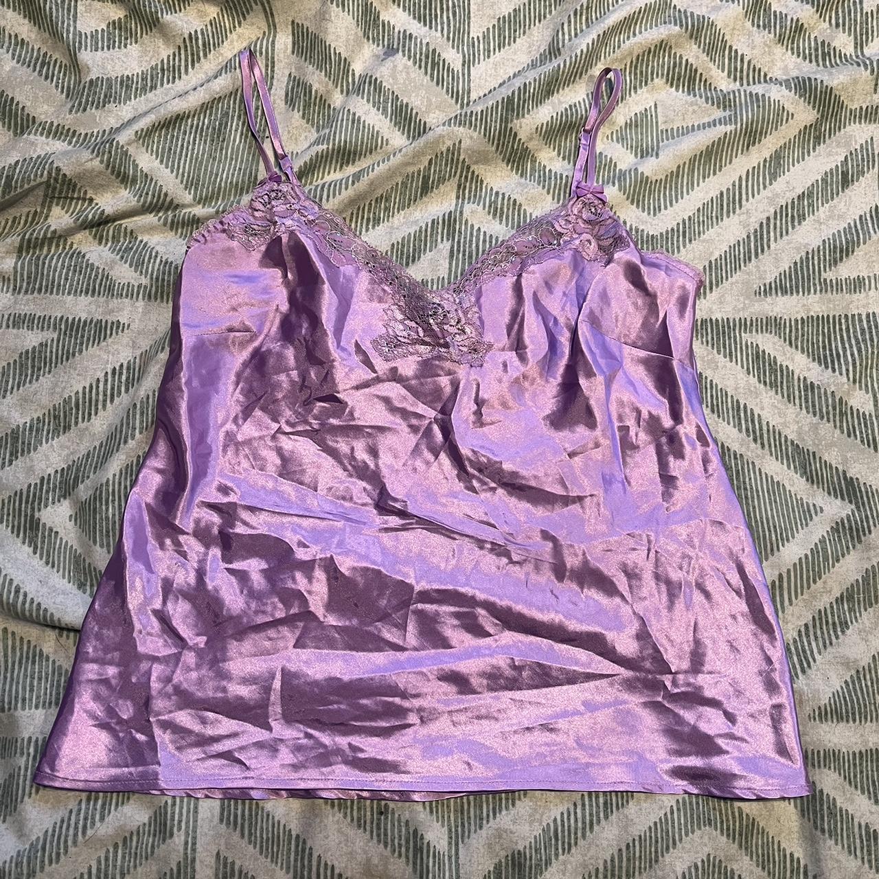 beautiful purple satin cami with lace detailing and... - Depop