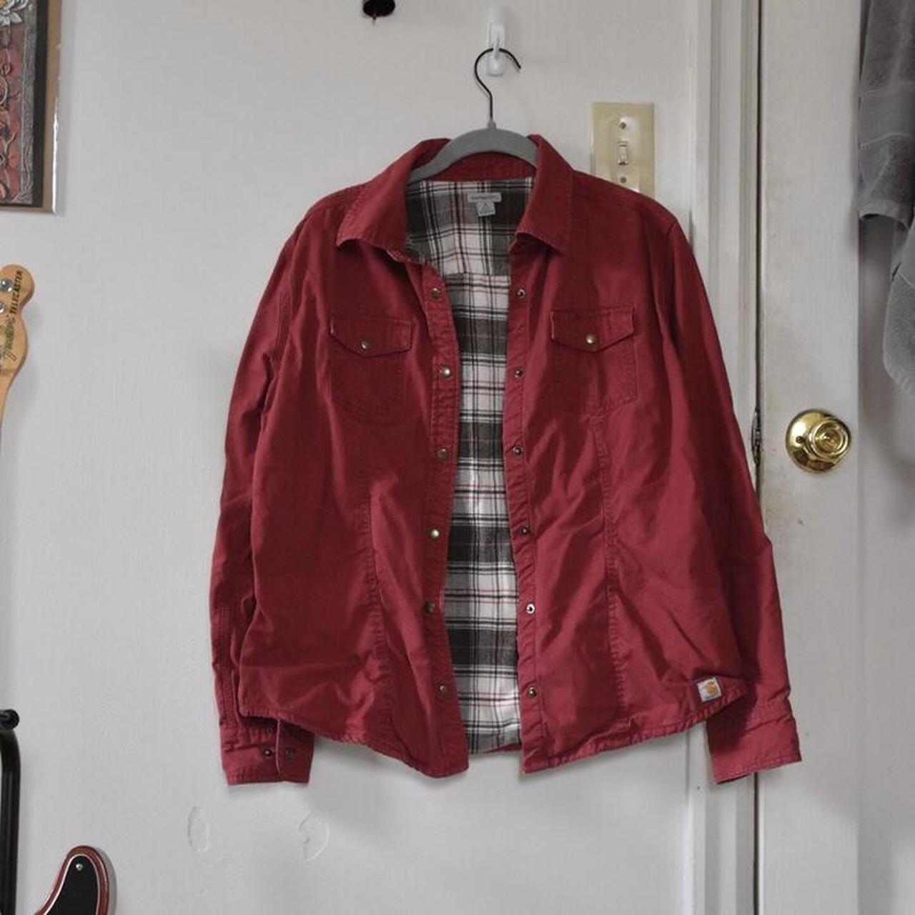 Red carhartt button up with flannel lining. Super... - Depop