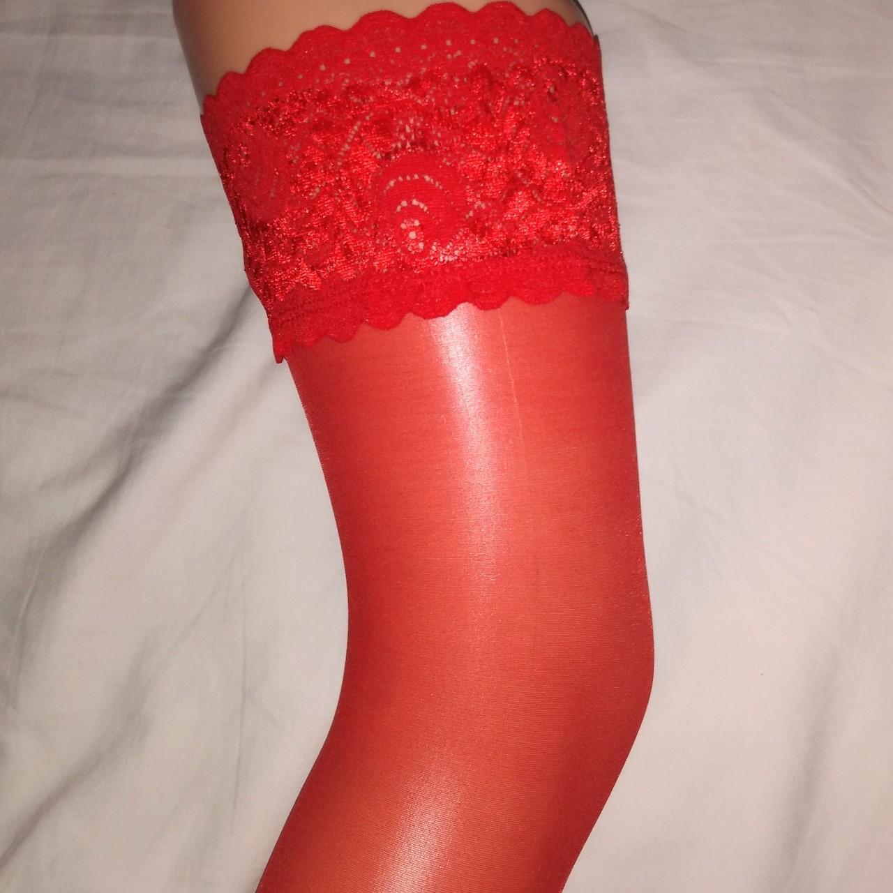 Sheer bright red stockings. Floral lace garters.... - Depop
