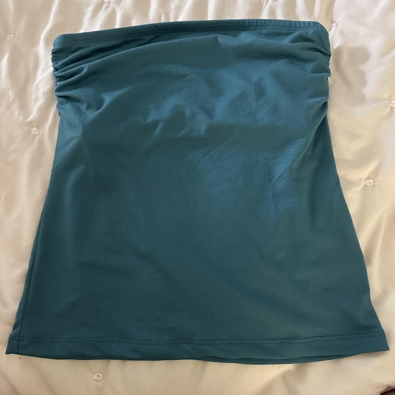 dark teal ruched tube top has a built in bra and... - Depop