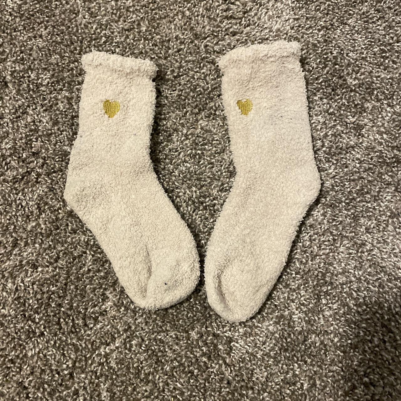 beige fuzzy socks with gold hearts; signs of wear - Depop