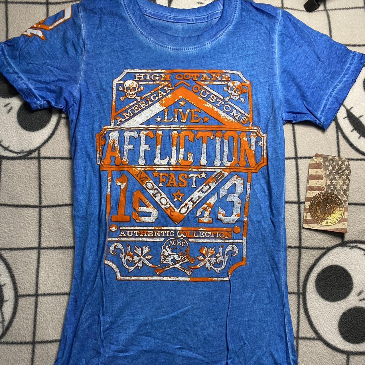 blue affliction tee super cute orange and blue... - Depop