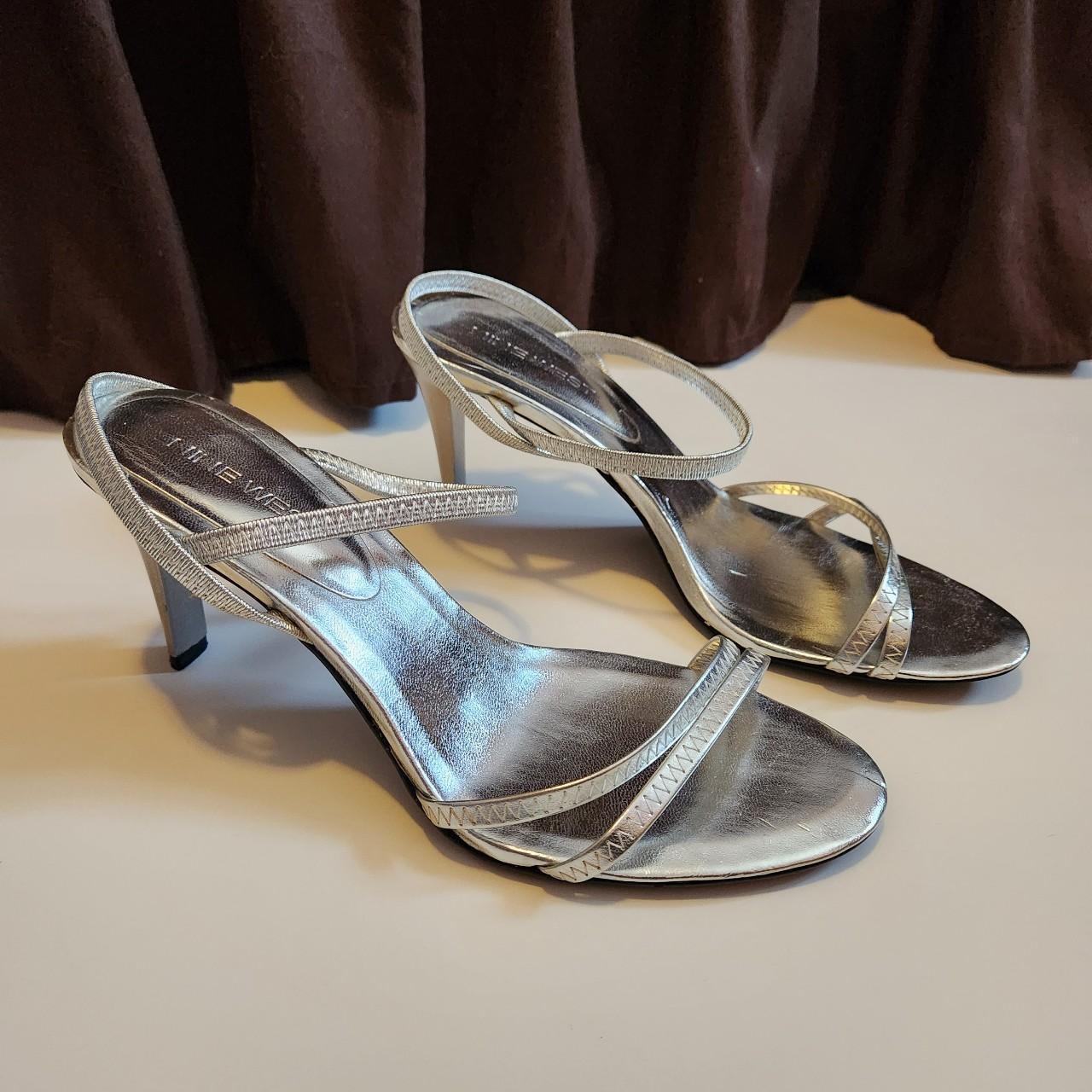 Dainty slinky silver strappy faux leather heels by... - Depop