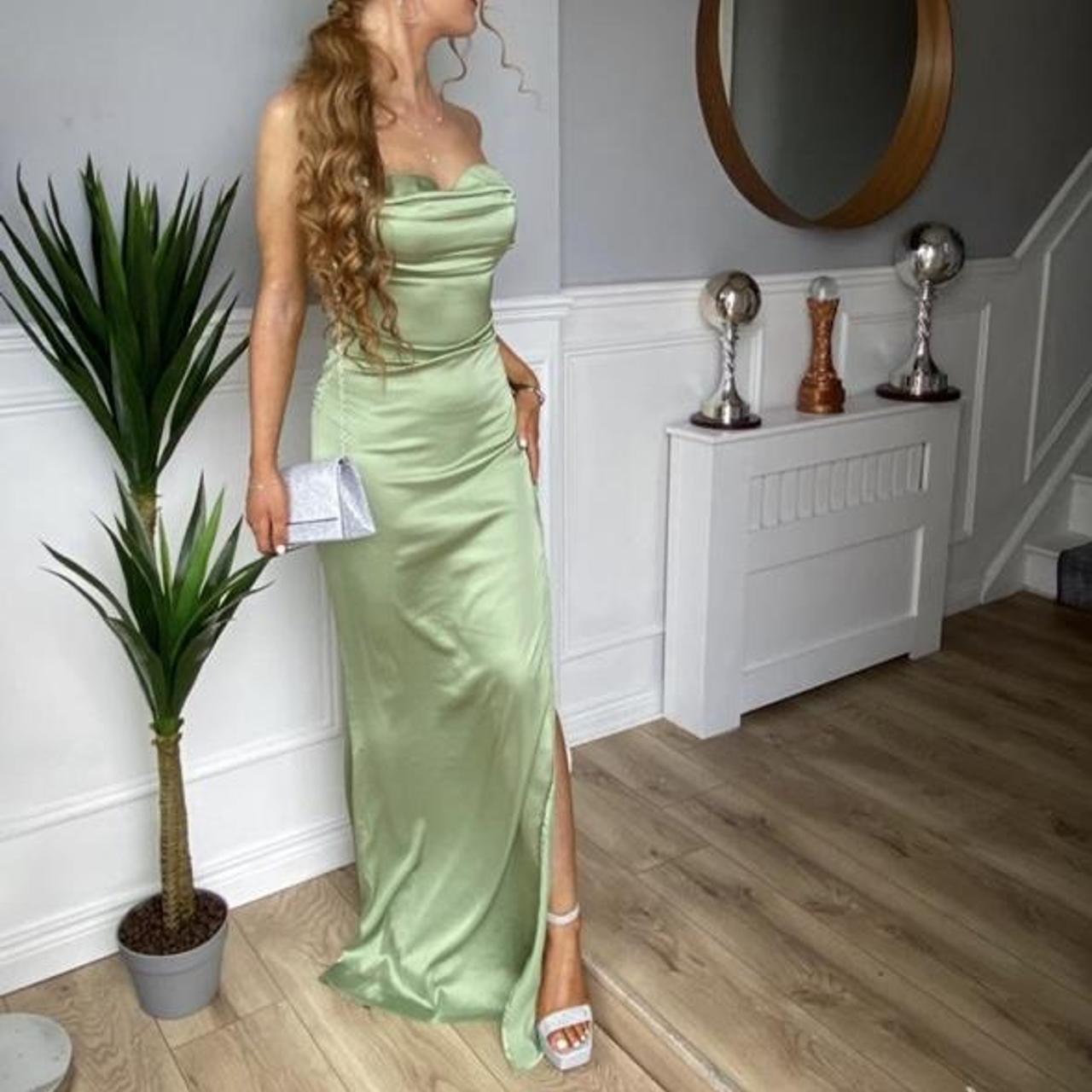 TIANA Dressmezee Satin Split Gown-light green formal... - Depop