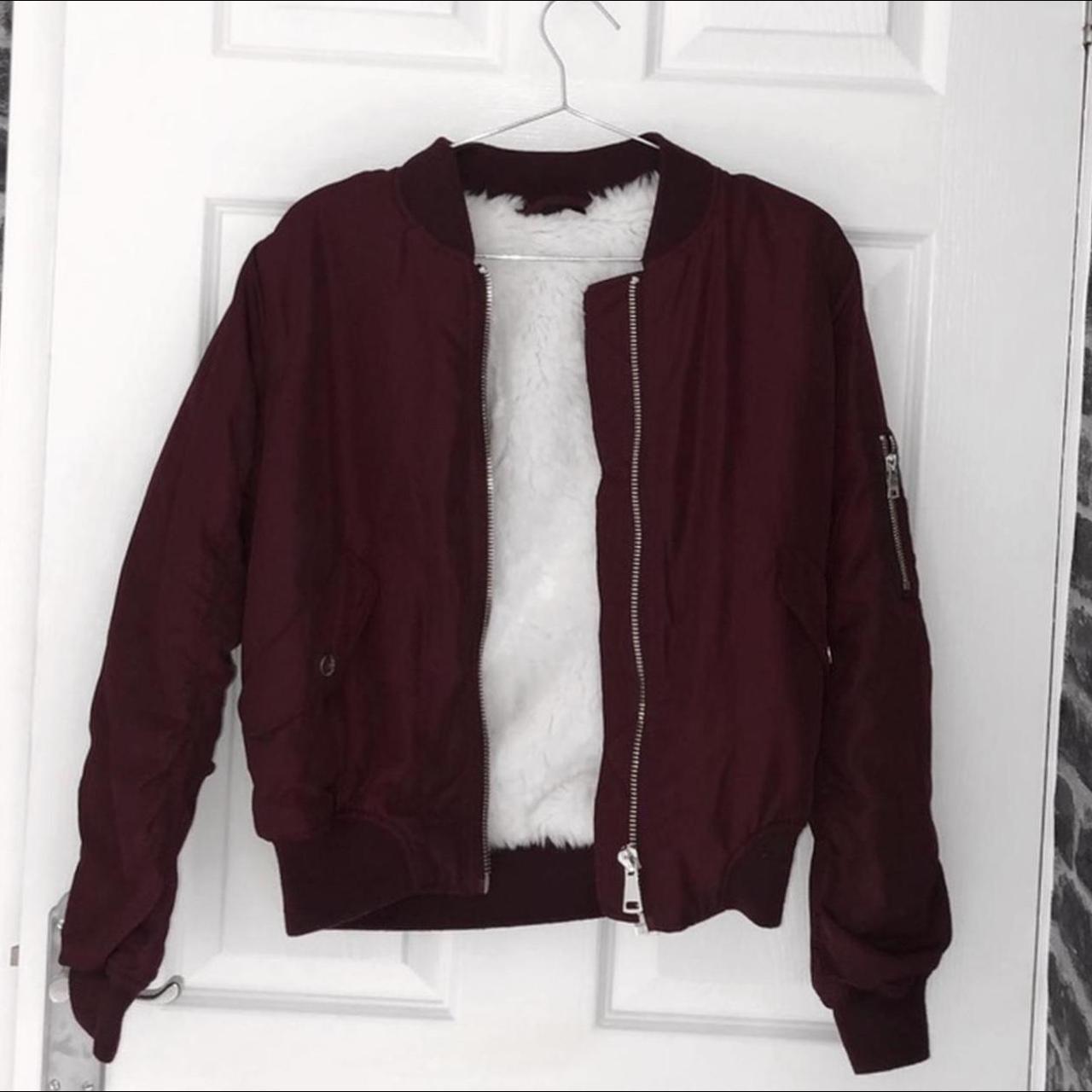 Topshop maroon bomber jacket with white fur lining... - Depop