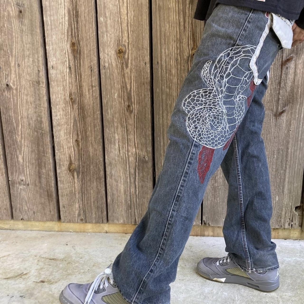 insane vintage red ape jeans open to trades big... - Depop