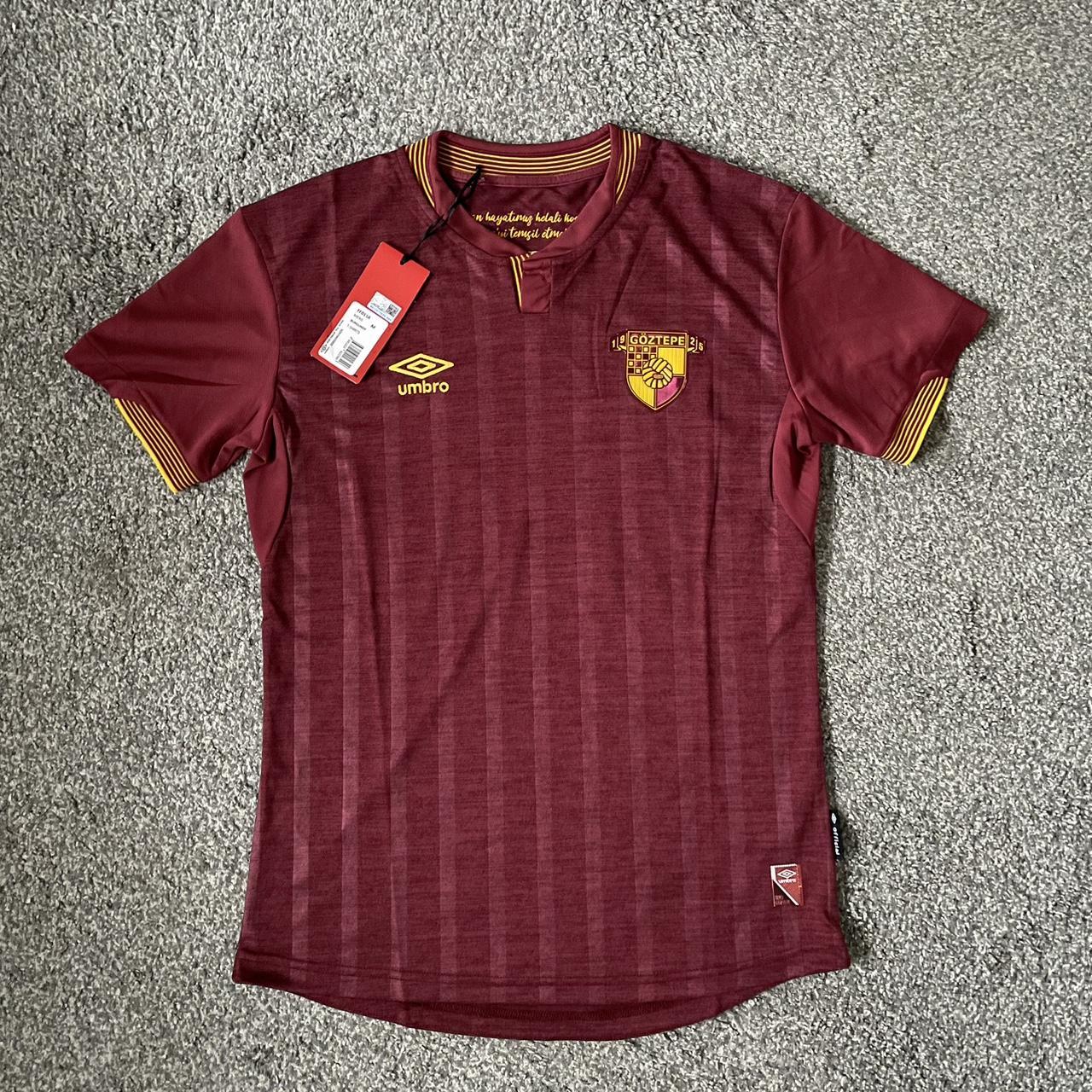 Umbro Men's Burgundy and Yellow T-shirt | Depop