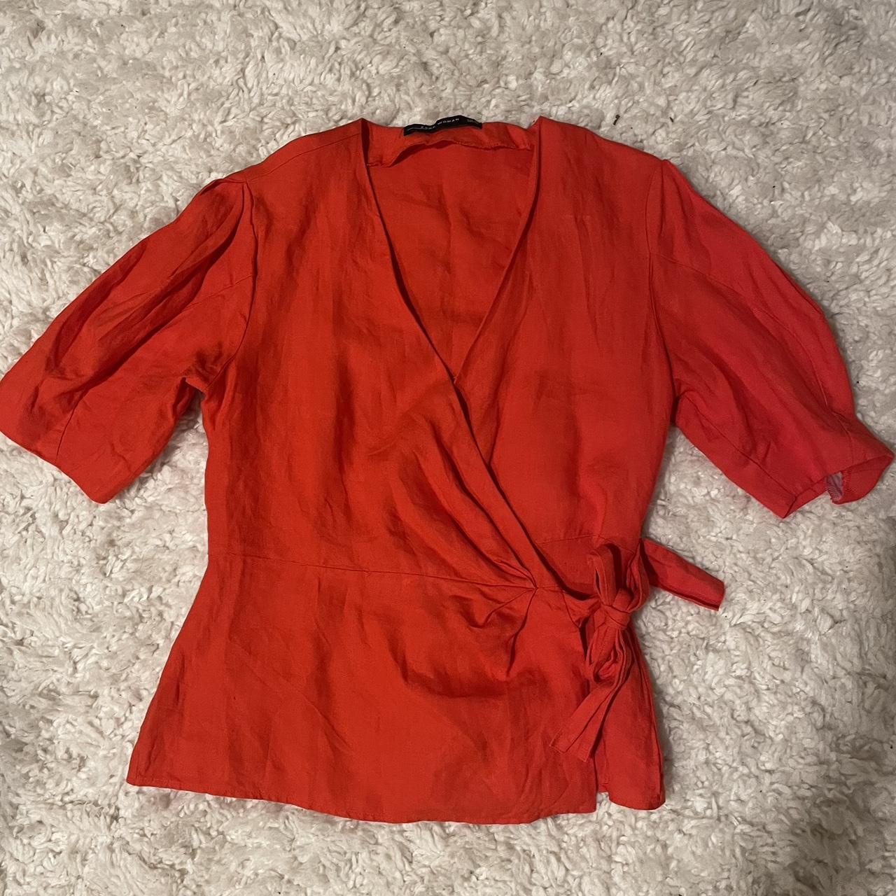 Zara red wrap top with puff sleeves 100% linen... | Depop