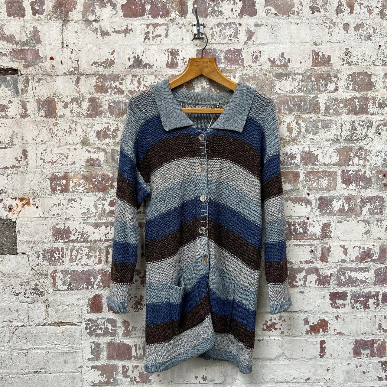 Vintage 1970s Blue Striped Knit Cardigan... - Depop