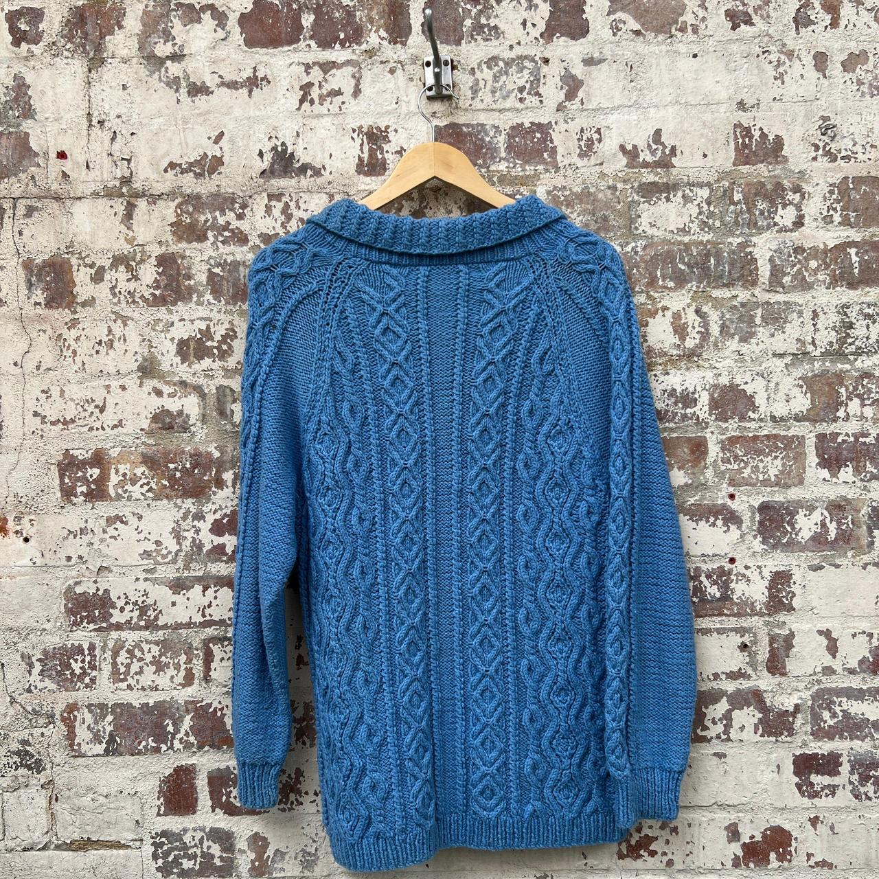 Vintage 1970s Chunky Blue Knitted Cardigan... - Depop