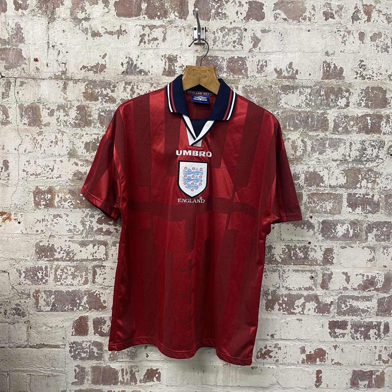 Vintage 1997-1999 Red Umbro England Away Football... - Depop