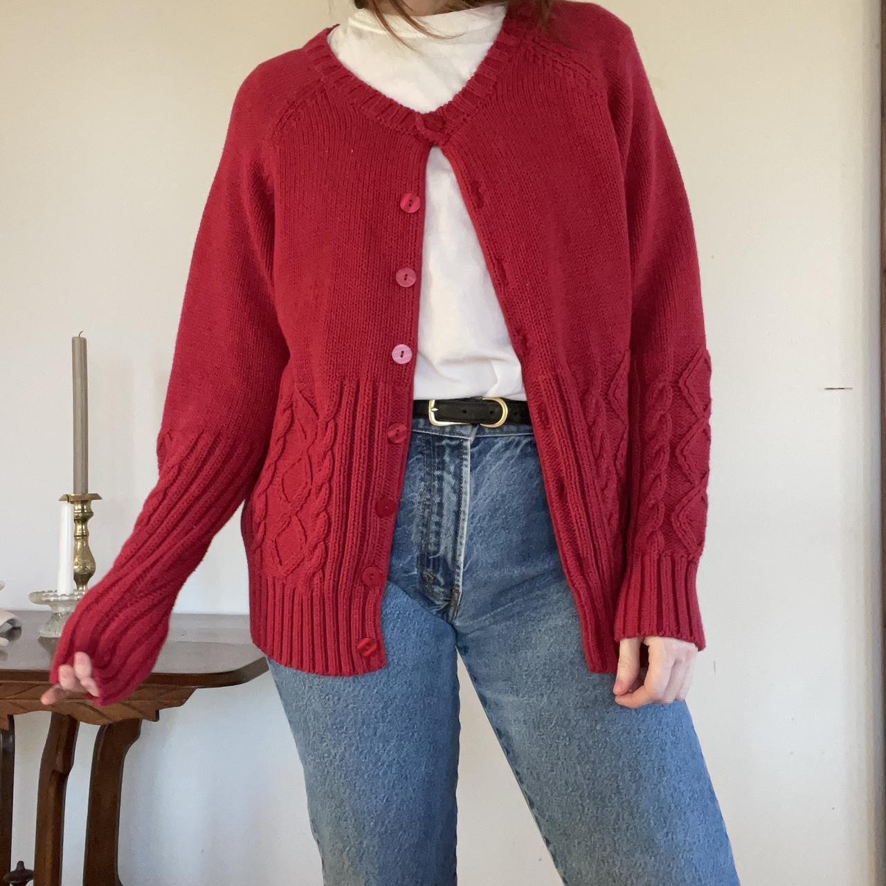 Red Cotton Knit Cardigan with Cableknit on bottom... - Depop