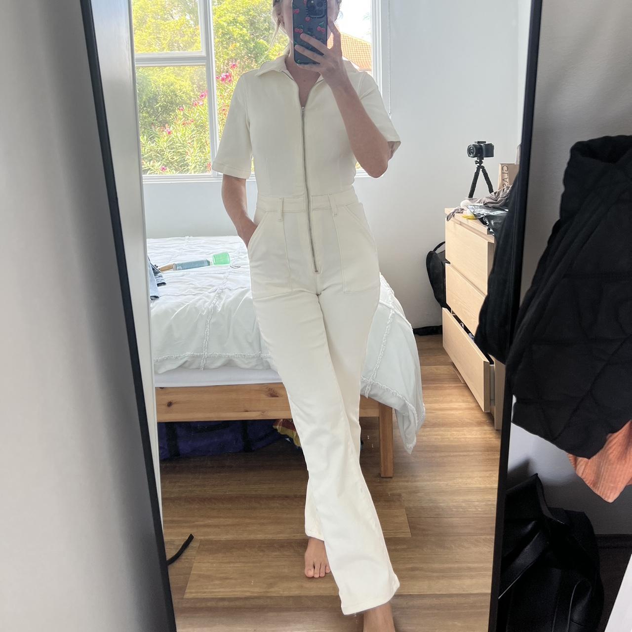 Mango straight leg white denim jumpsuit, worn 2... - Depop