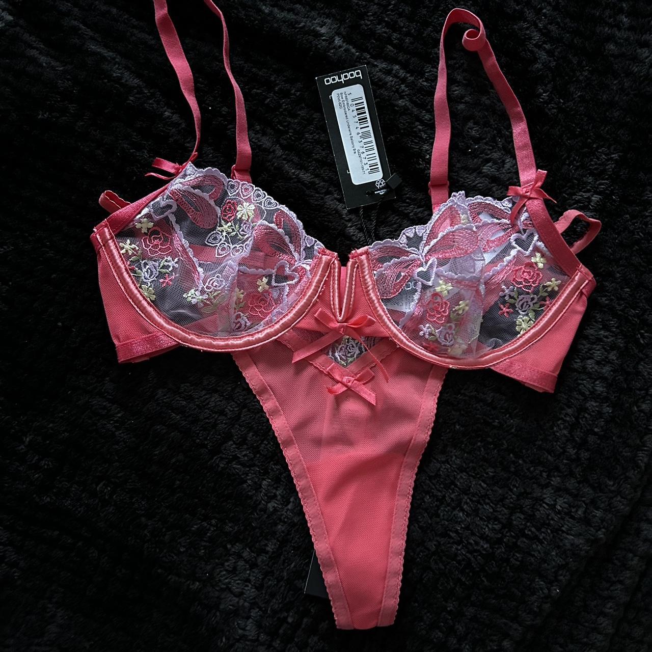 Boohoo embroidered pink lingerie underwear set. Depop