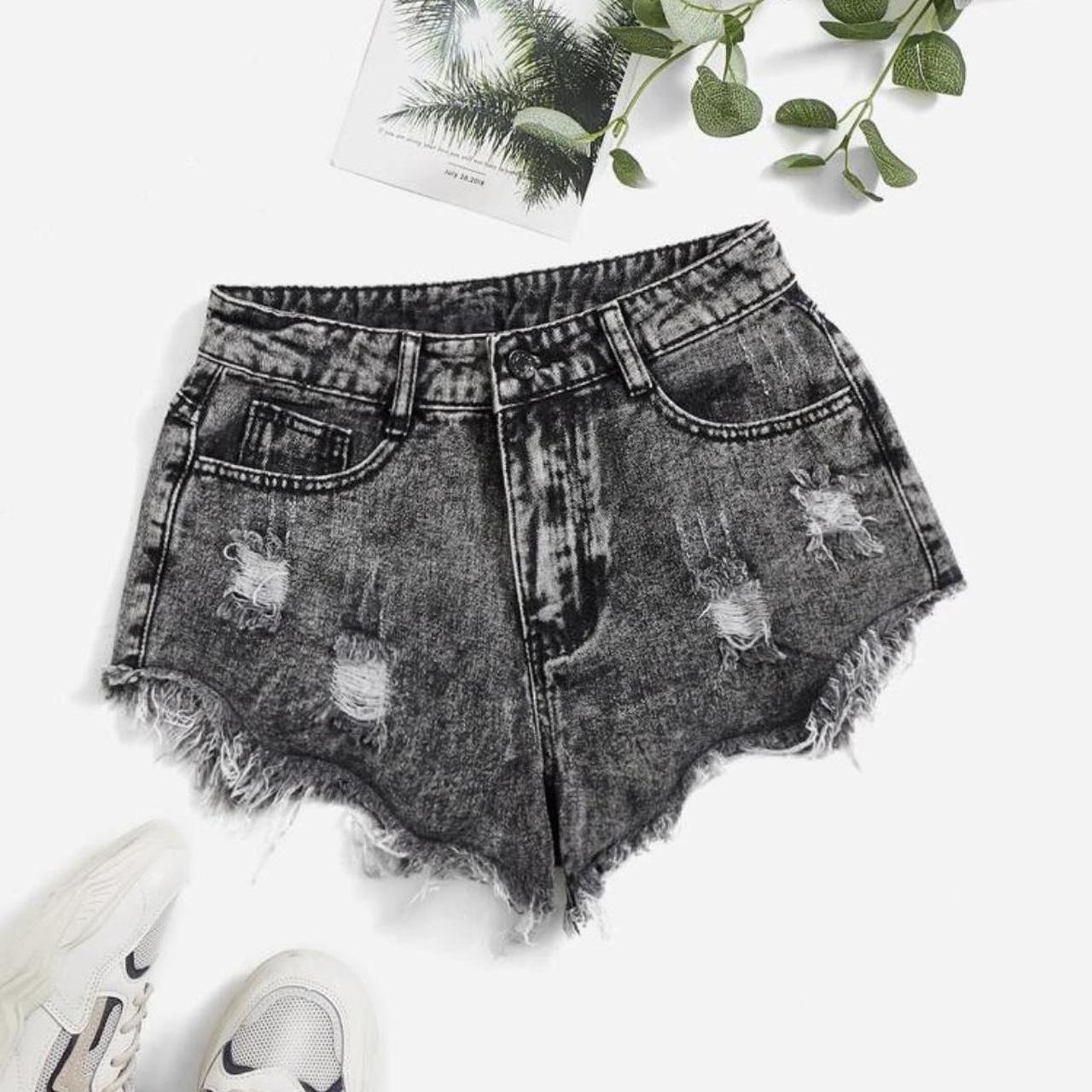black ripped denim shorts size L msg for... - Depop