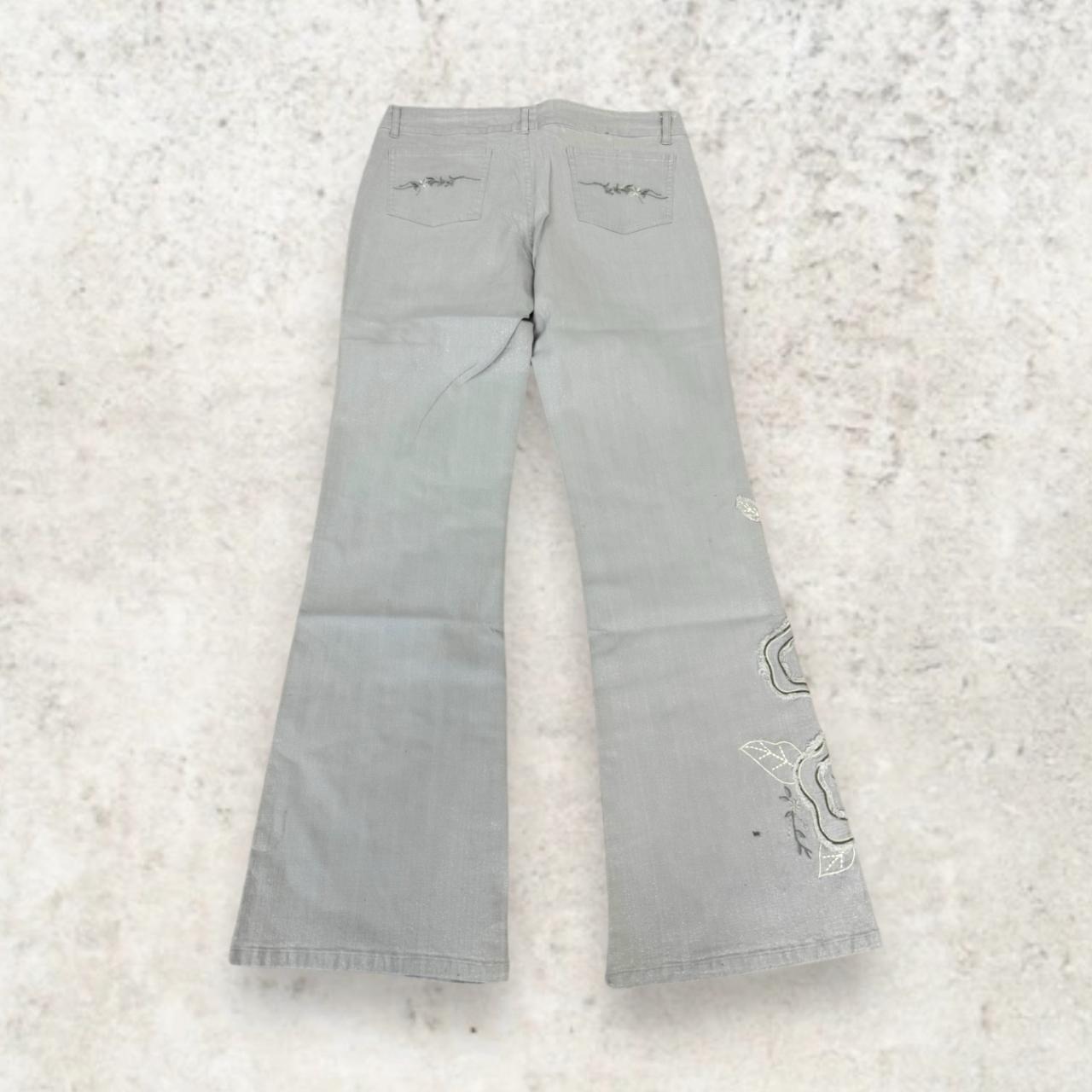 embroidered grey flare jeans size: L vintage... - Depop