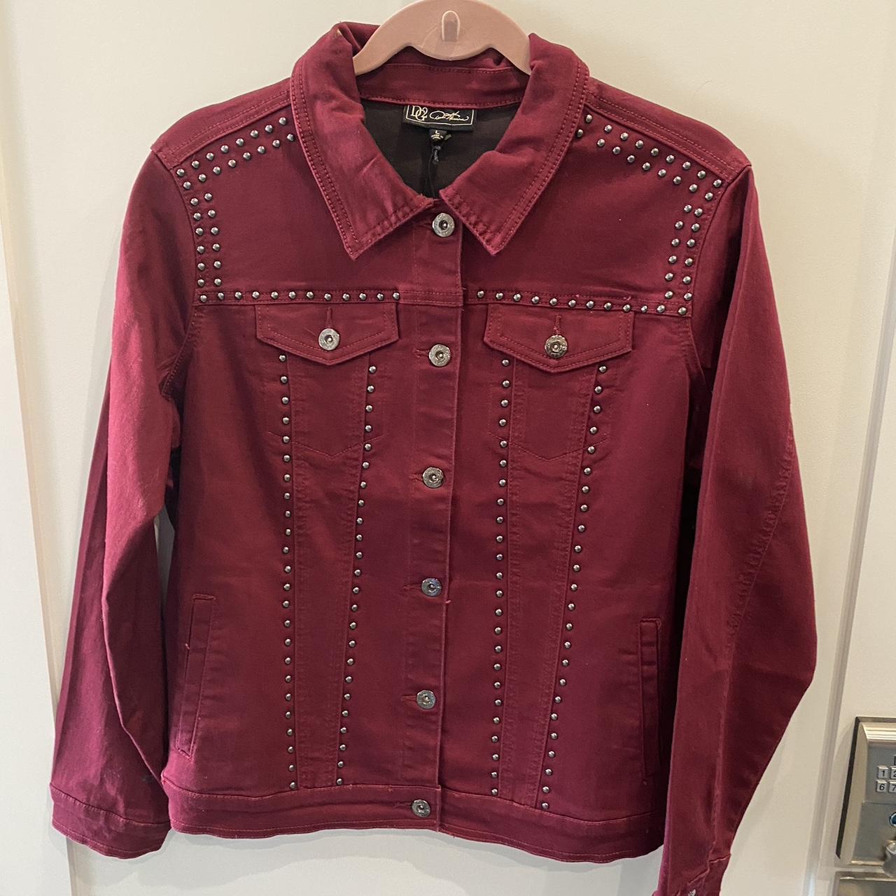 red denim jacket with metal details size... - Depop