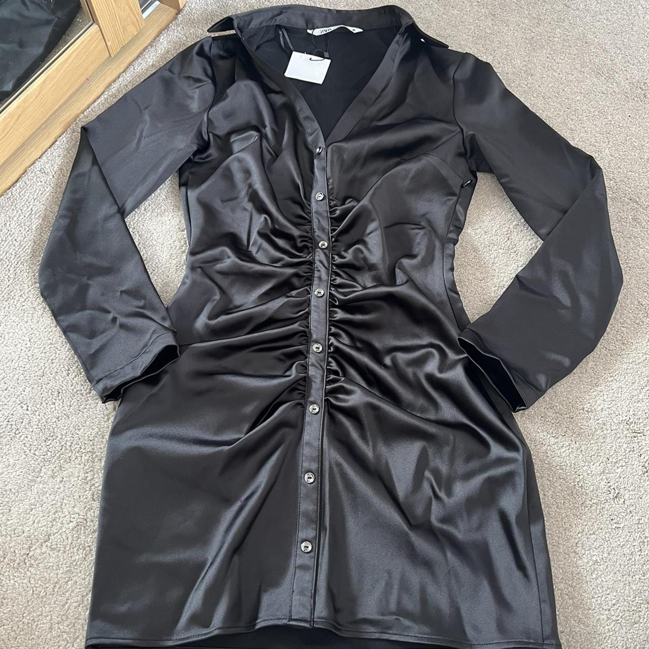 Zara black satin button dress Size xs Brand new... - Depop