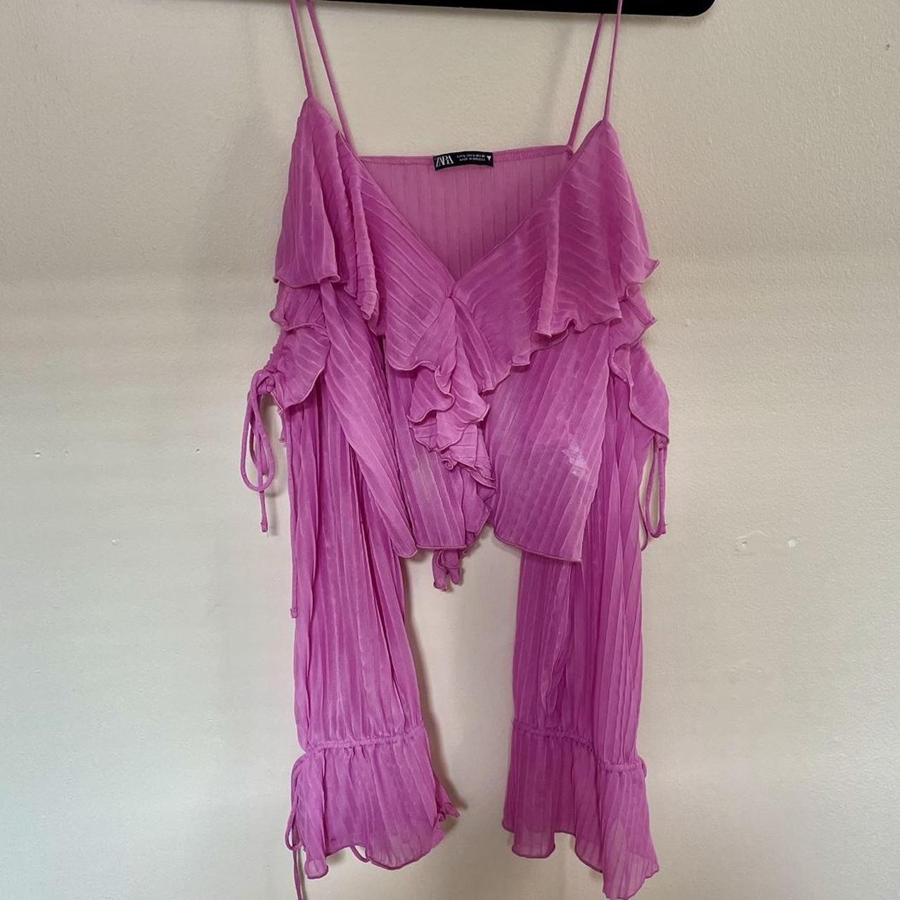 Zara pink sheer ruffle crop top with adjustable... - Depop