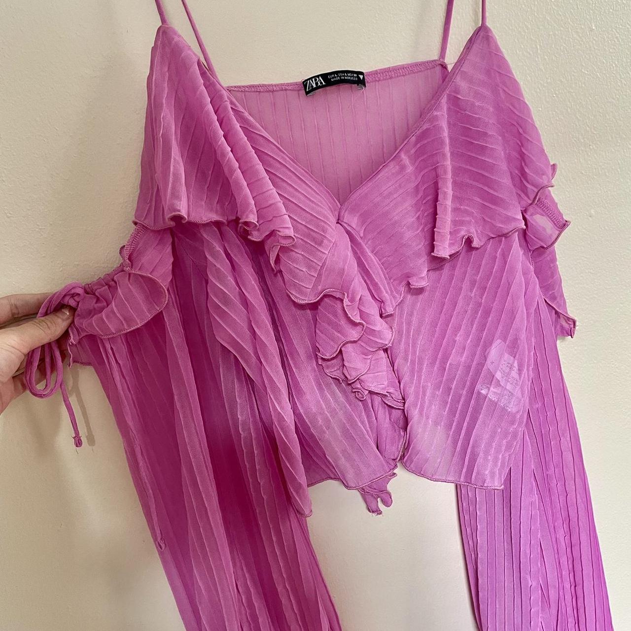 Zara pink sheer ruffle crop top with adjustable... - Depop