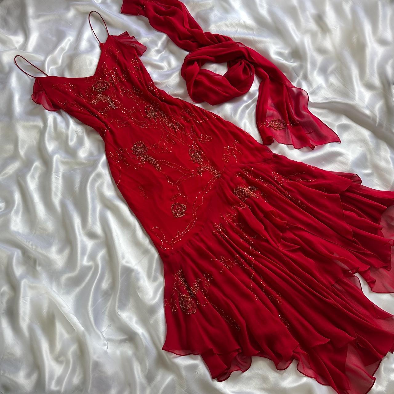Dreamy Vintage Silk Crimson Red Embellished Dress... - Depop