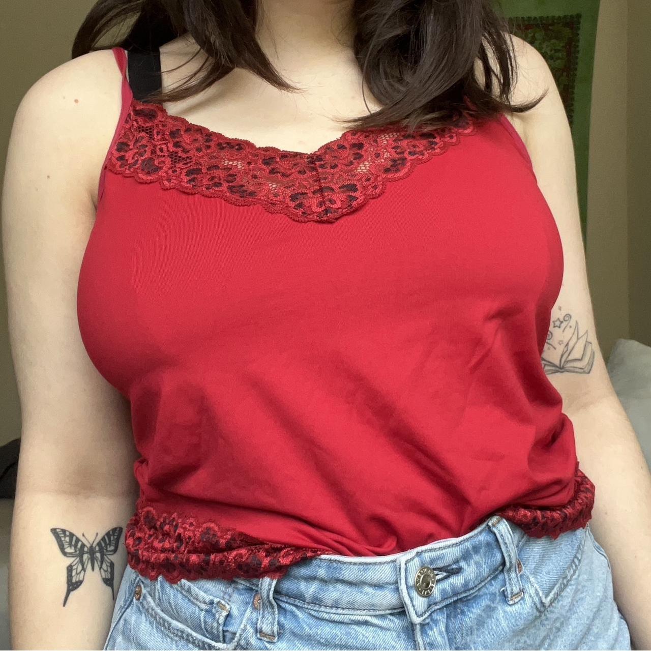 red lace cami stretchy and comfortable. perfect for... - Depop
