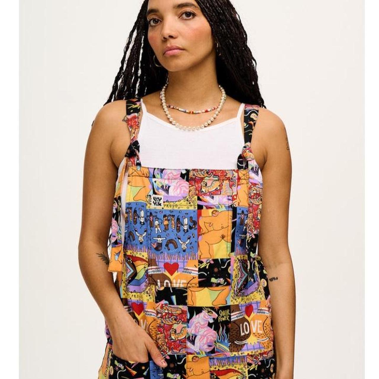 These Lucy & Yak dungarees feature a bold patchwork... - Depop