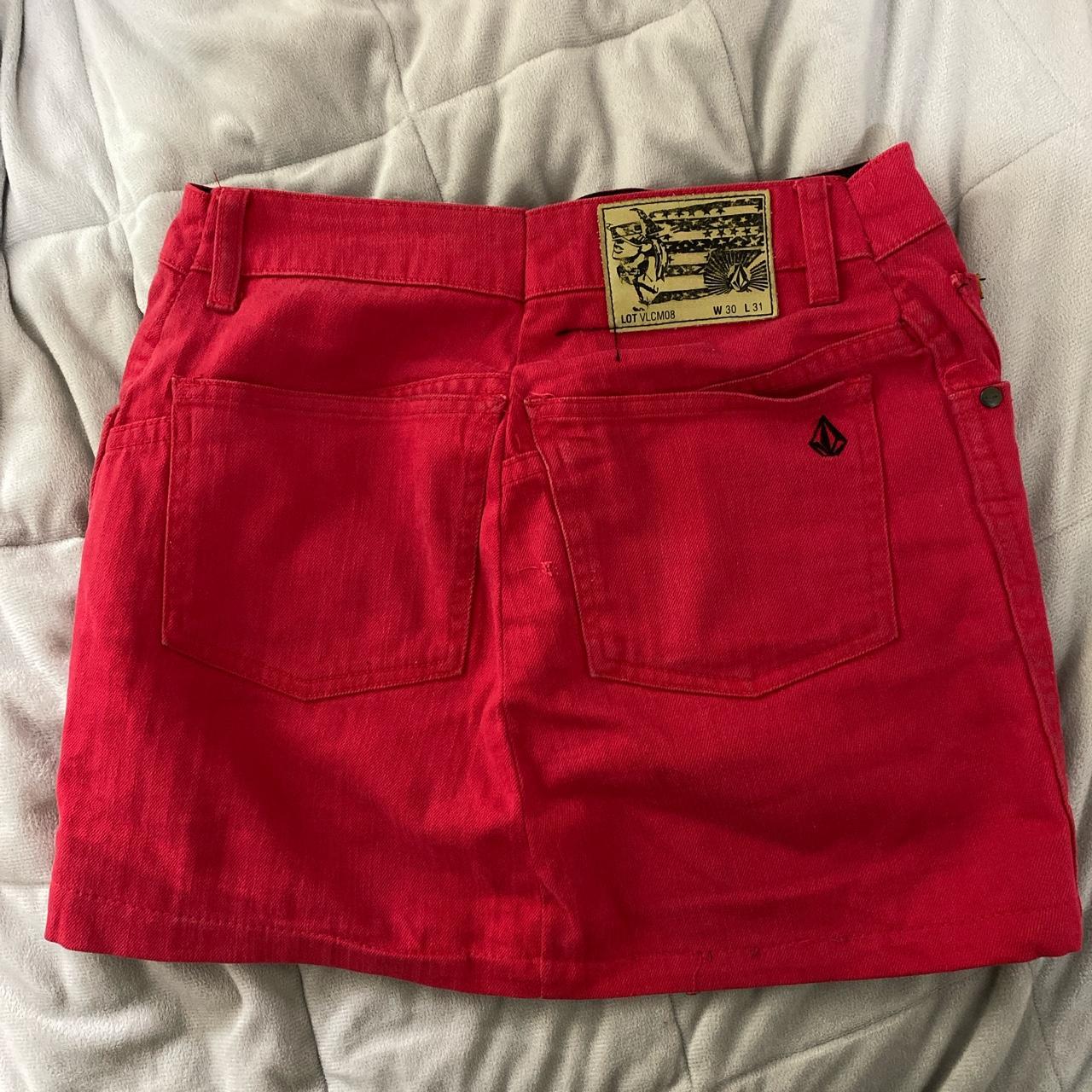 red mini denim reworked volcom skirt fits size 6-8 best - Depop