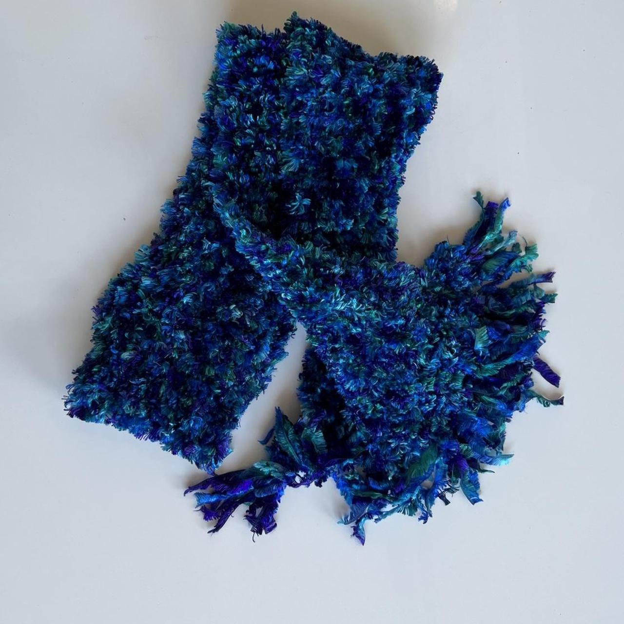 Vintage blue fluffy scarf with tassled hem, super... - Depop