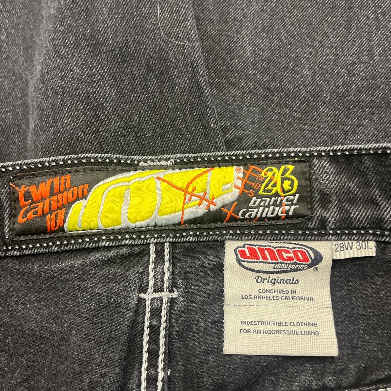 black jnco twin cannons with white stitching so fire... - Depop