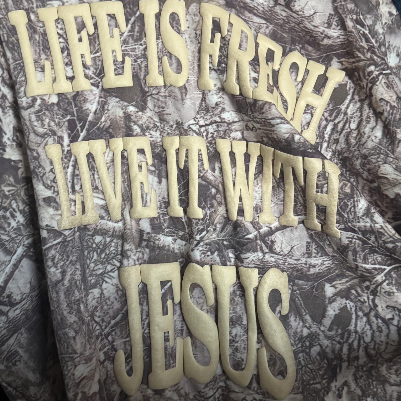 Camo graphic long sleeve hoodie with "Life is fresh,... | Depop