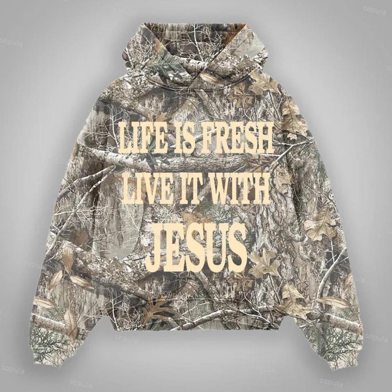 Camo graphic long sleeve hoodie with "Life is fresh,... | Depop