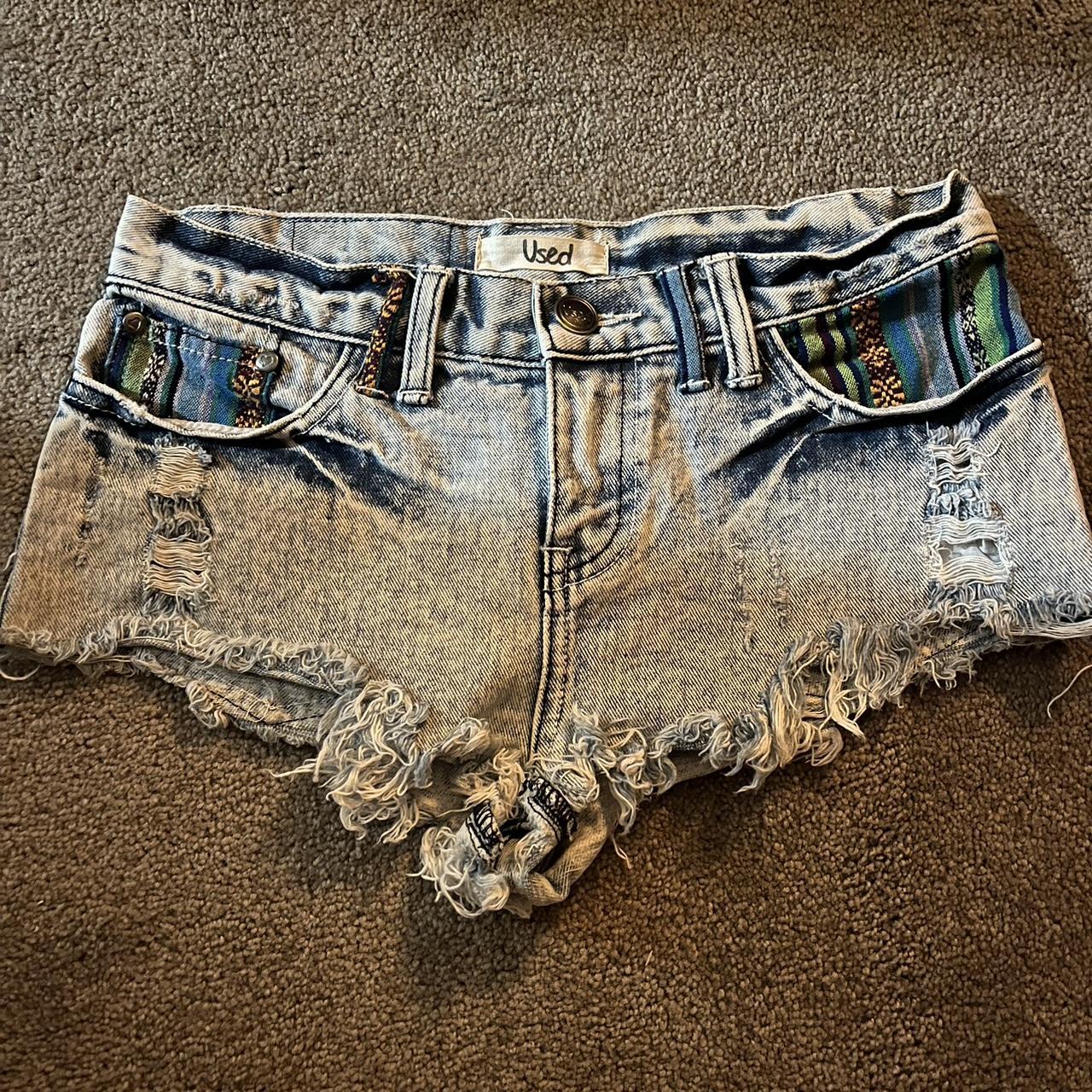 Acid wash blue denim low-waisted short shorts... - Depop