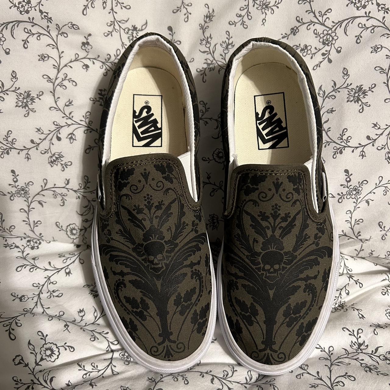 Vans Slip on Olive Green With skull print... - Depop